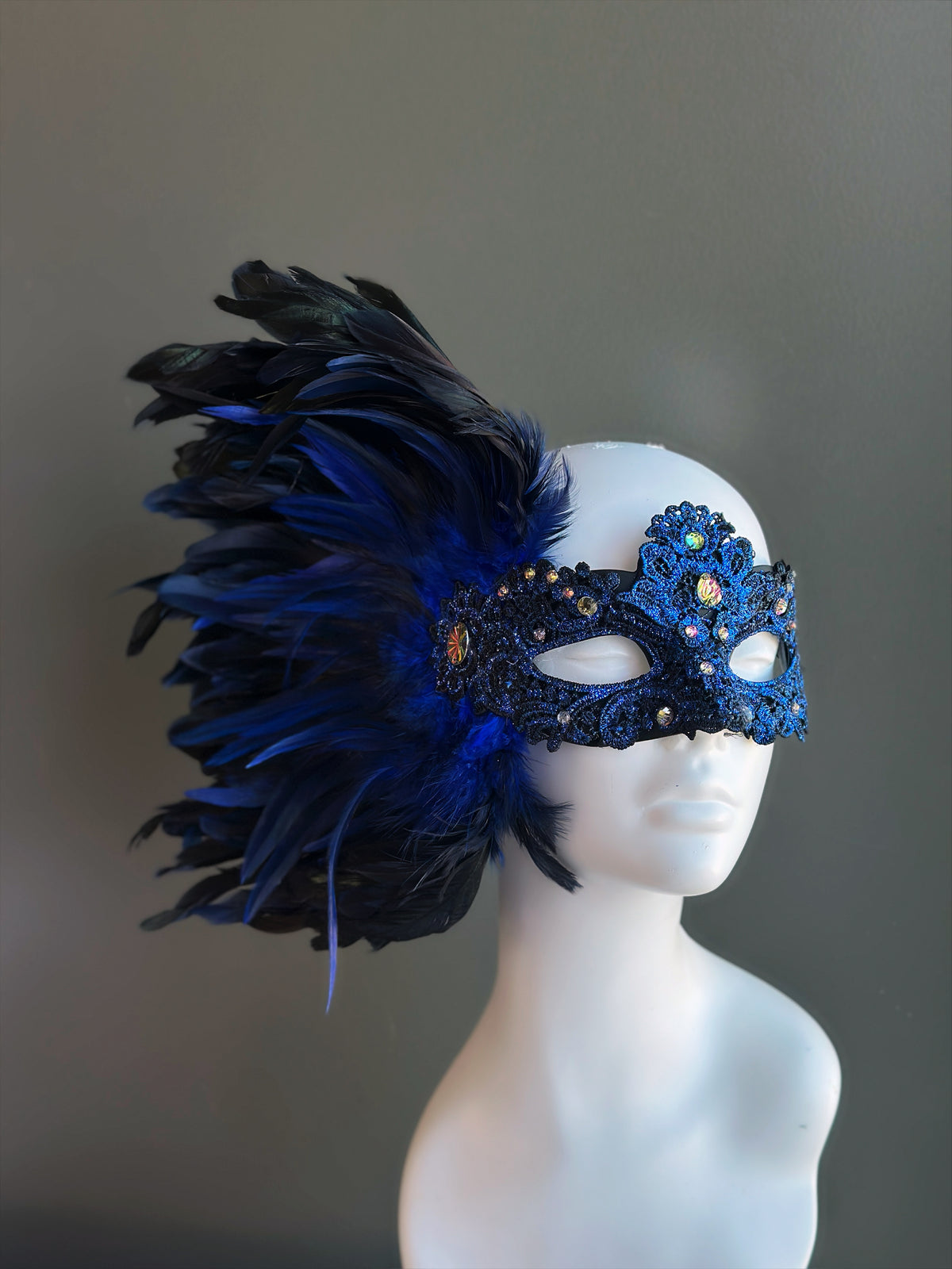 Lux Blue Black Feather Masquerade Mask - Masquerade Store