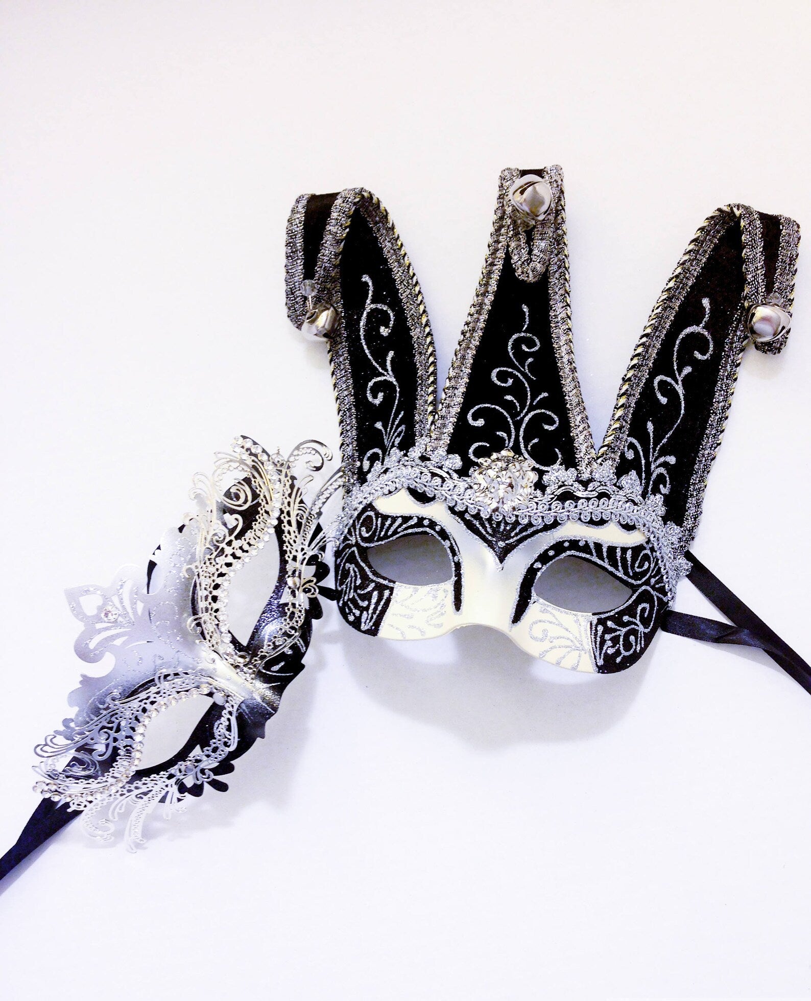 Couples Masquerade Masks Jester Black White | Masquerade Store