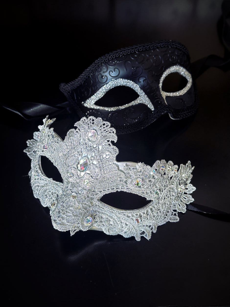 Silver Masquerade Masks - Elegant Venetian Couple Silver Masks ...
