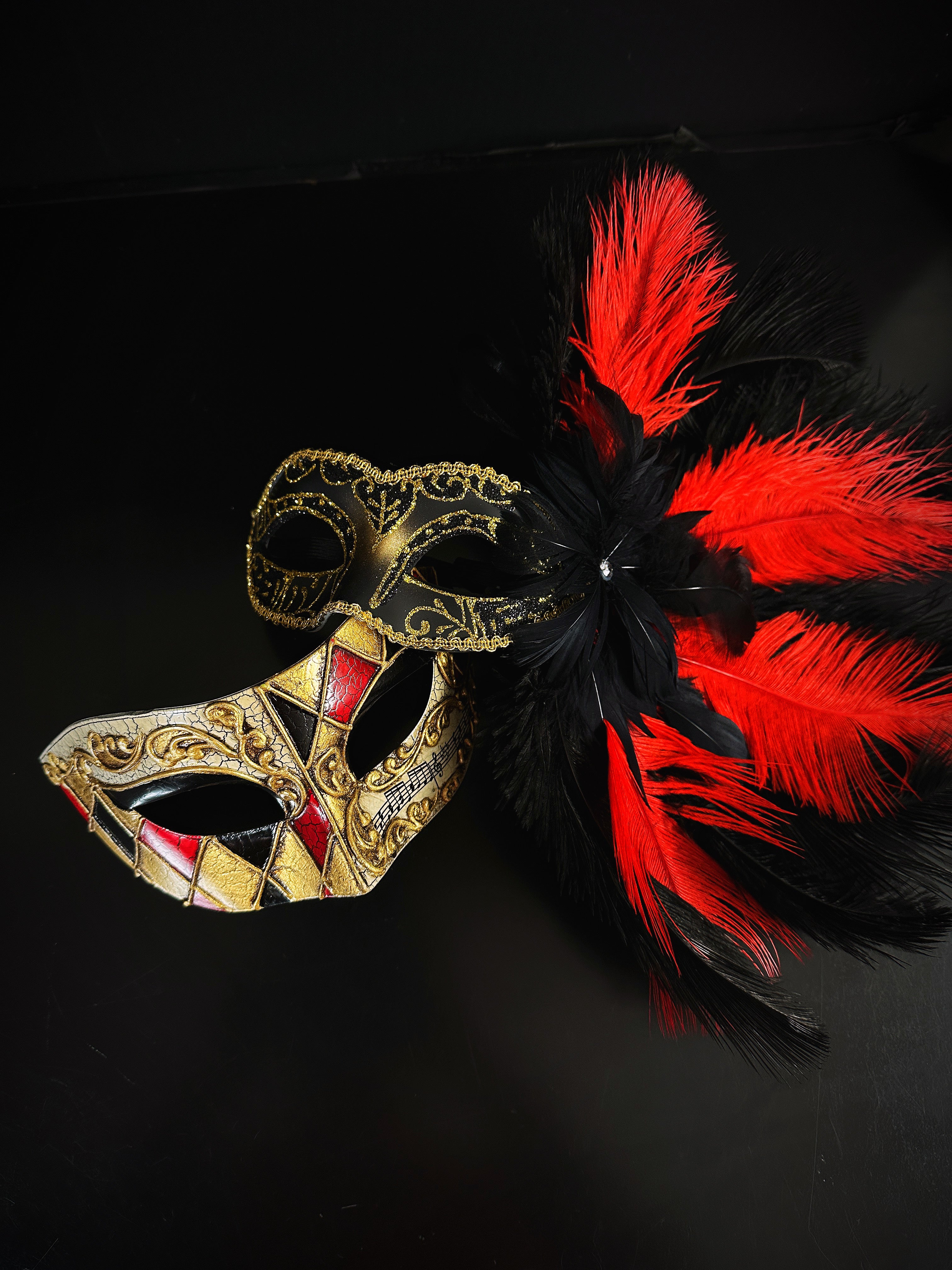 Venetian Harlequin Red & Black Feather Mask | Masquerade Store