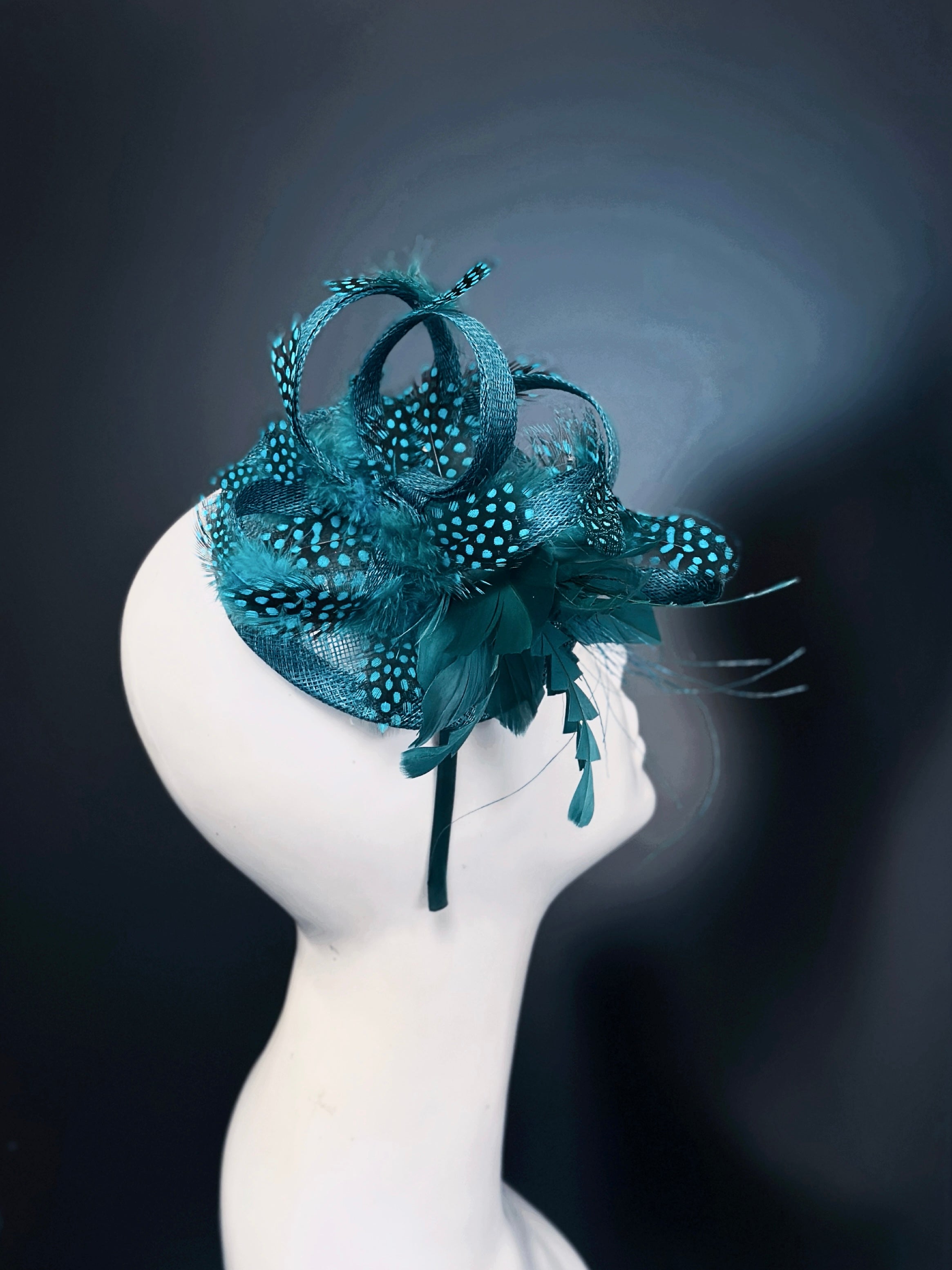 Tea Party Fascinator Hat – Teal Feather Design - Masquerade Store