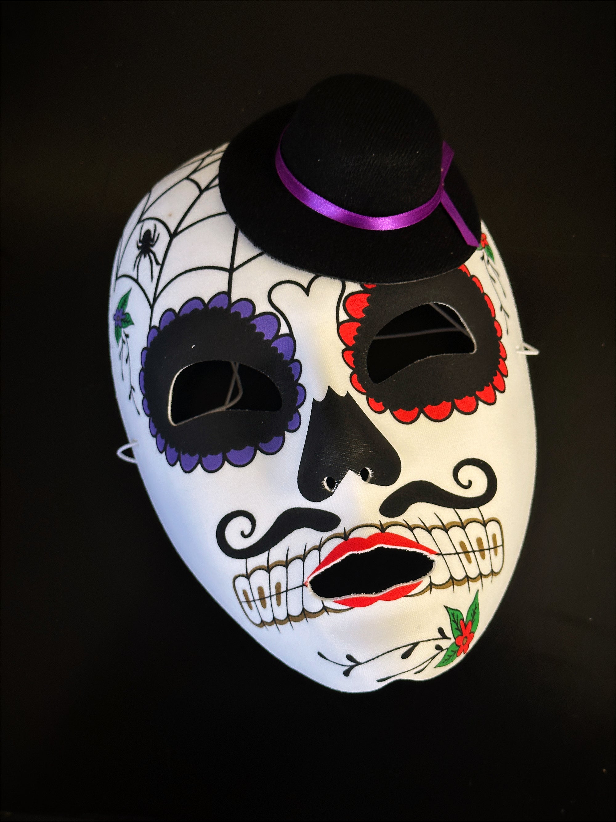 Men's Masquerade Mask Sugar Skull With Hat Purple Red | Masquerade Store