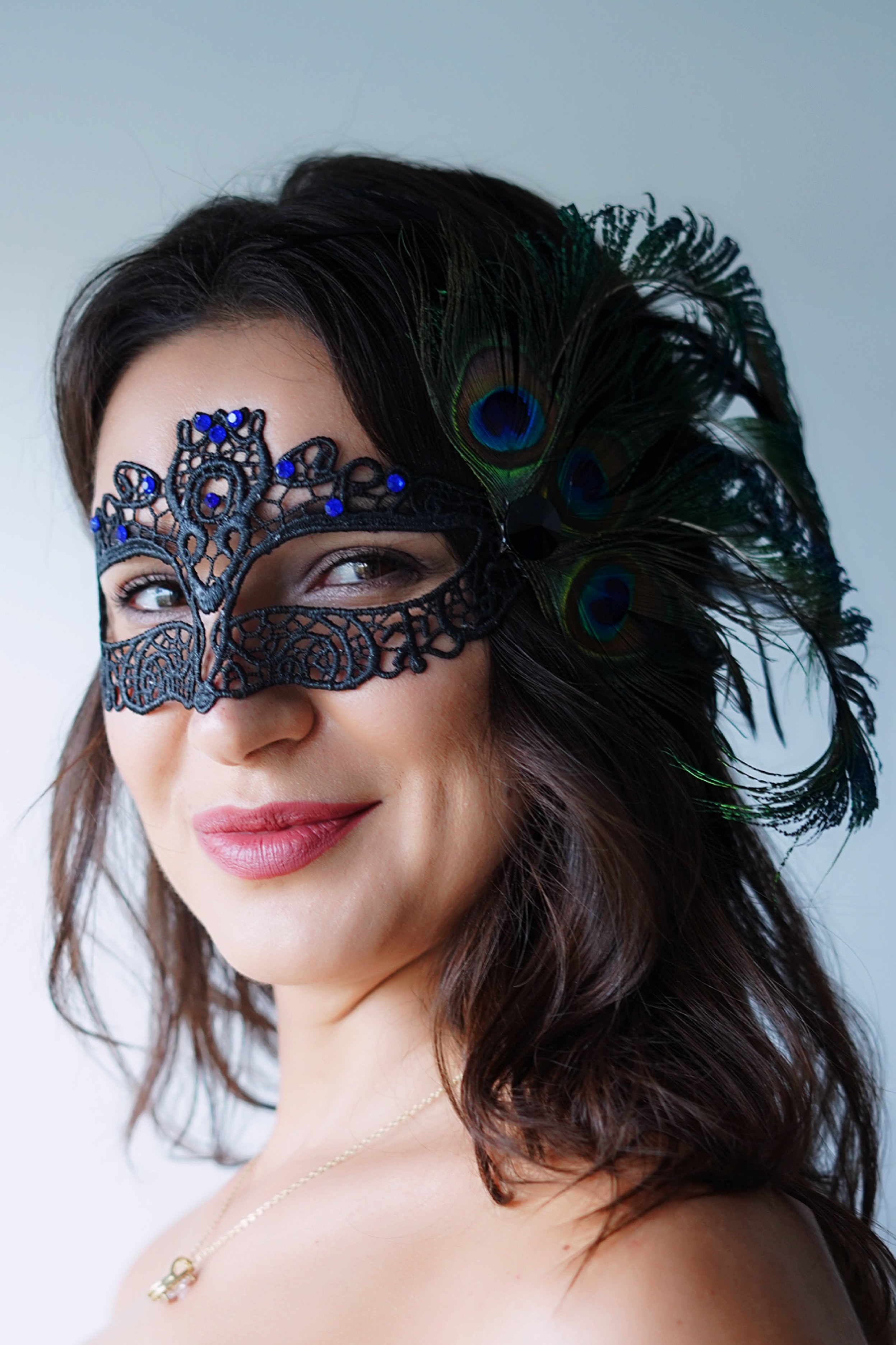 Crown Lace Mask - Black - Peacock Feathers - Masquerade Store